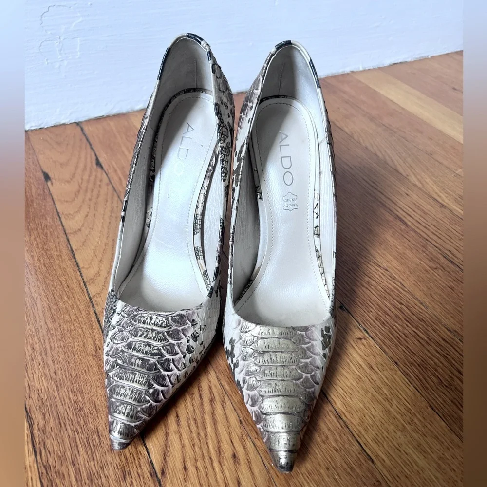 Aldo | Shoes | Aldo Gold Snake Print Stiletto Heels Size 3875 | Poshmark